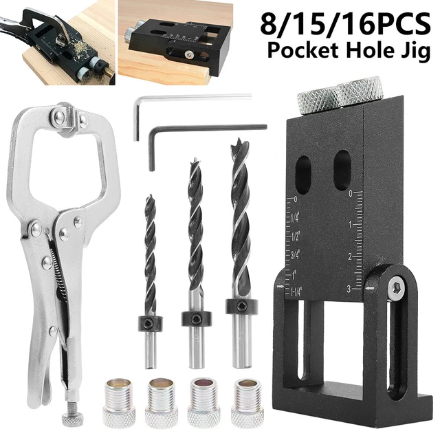 16X 15° POCKET Hole Screw Jig Dowel Drill Set Wood Tool kit Angle Hole ...