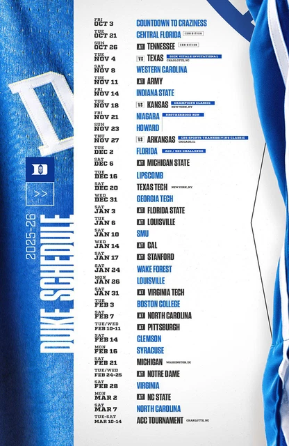 DUKE BLUE DEVILS 2025-2026 Men’s Basketball Full Schedule Poster 11 X ...