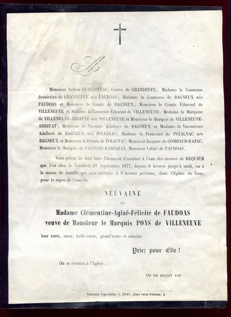 FAIRE-PART DE DÉCÈS Mme de Faudoas Vve de Mr. le Marquis Pons de Villeneuve EUR 11,90 - PicClick FR