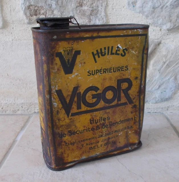 ANCIEN BIDON D'HUILE Moteur VIGOR Yellow France oil can vintage vtg ...