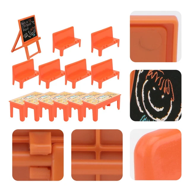 13 PCS MINI Classroom Model Desk Chair Dollhouse First Day School Board ...