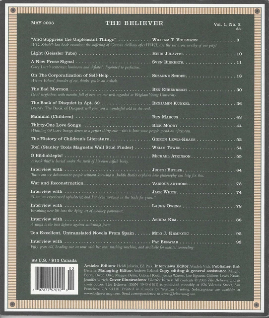 THE BELIEVER MAGAZINE May 2003 Vol 1 Number 2 Pat Benatar Judith Butler ...