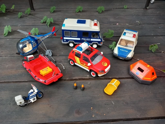 PLAYMOBIL GROS LOT POLICE POMPIER elicoptere camion fourgon moto bateau ...