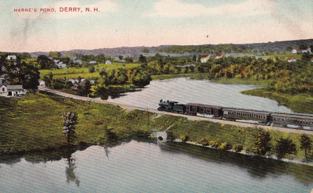 VINTAGE LOCOMOTIVE TRAIN Crossing Harne's Pond in Derry NH Early 1900s ...