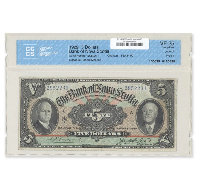 $5 1929 550-34-02 Bank of Nova Scotia Moore-McLeod CCCS VF-25 $611.95 ...
