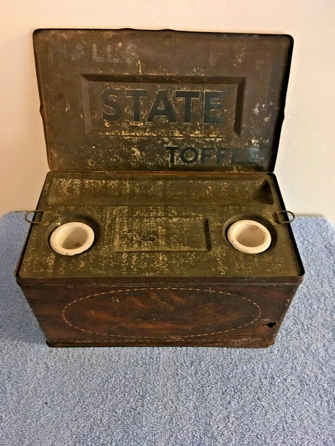 ANTIQUE 1920S HALLS STATE TOFFEE CANDY TIN WRITING BOX WITH INKWELL ...