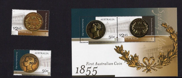 AUSTRALIA 150TH ANNIVERSARY First Australian Coin Stamps & Mini Sheet ...