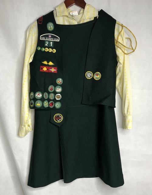 1970s Girl Scout Cadette Jumper Uniform With 2 Hats Shirt Vest Patches 5322