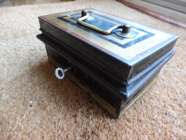 VINTAGE PORTABLE BLACK & Gold Metal Petty Cash Tin With Key Lockable ...