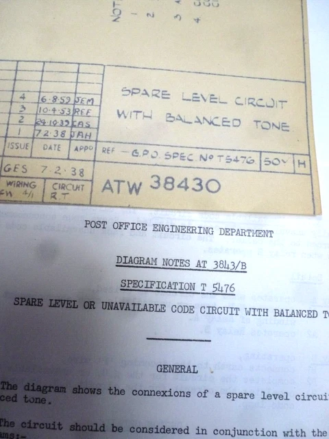 GPO STROWGER DIAGRAM Spare Level Circuit With Balanced Tone Atw 38430 ...