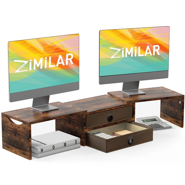 DUAL MONITOR STAND Riser with 2 Drawers, Wood Monitor Riser for 2 ...
