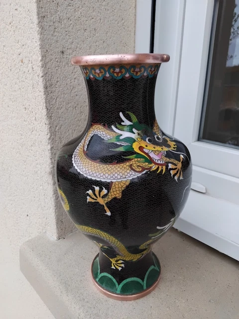 VASES EN ÉMAUX Cloisonnés Chine fin XIX décor DRAGON perle de feu Japon ...