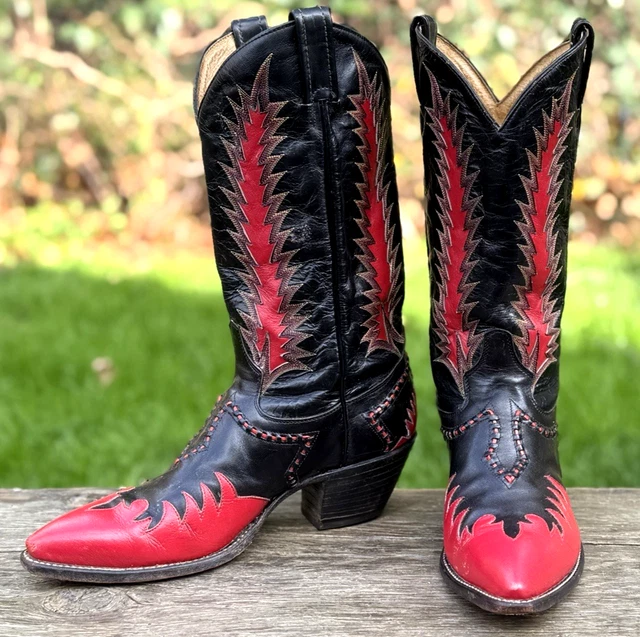 VTG TONY LAMA Black & Red Flame Inlay Wingtip Leather Boots Mens 8.5D ...