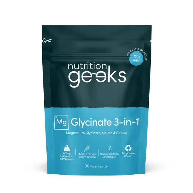 GEEKS MAGNESIUM GLYCINATE Complex 1800mg Triple Blend 90 Vegan Capsules ...