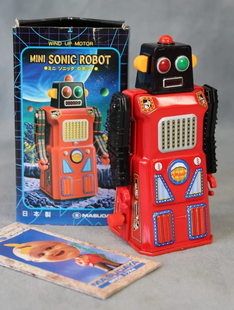 VINTAGE MASUDAYA JAPAN Wind Up Mini Sonic Robot Tin Space Toy Boxed ...