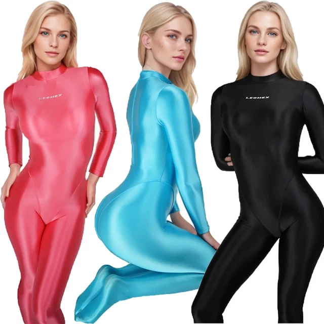 LEOHEX WOMEN OIL Glitter Smooth One Piece Jumpsuits Cosplay Long Sleeve ...