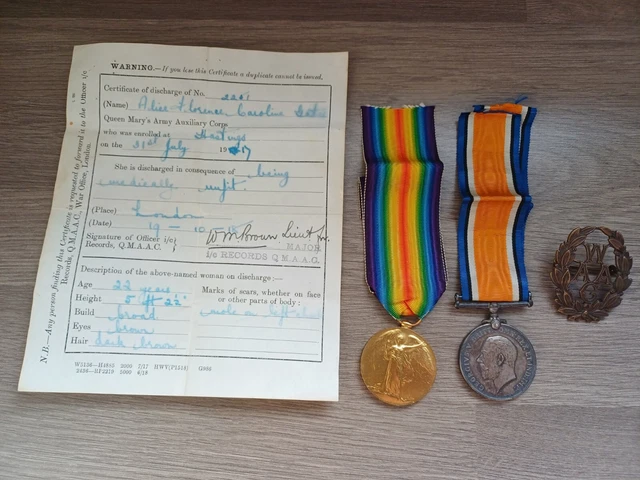 WW1 QMAAC MEDAL Pair to Lady / Woman - Alice Gates - and WAAC Cap Badge ...
