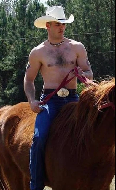 SHIRTLESS MALE BEEFCAKE Cowboy on Horse Hairy Chest Tats Hunk PHOTO 4X6 ...
