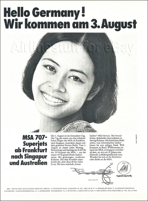 1972 MSA MALAYSIA Singapore Airlines STEWARDESS ad airways advert B707 ...