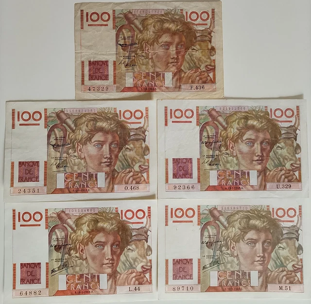 LOT DE 5 Billets" 100 Francs Jeune Paysans" Dont 2 Billets Signé" FAVRE ...