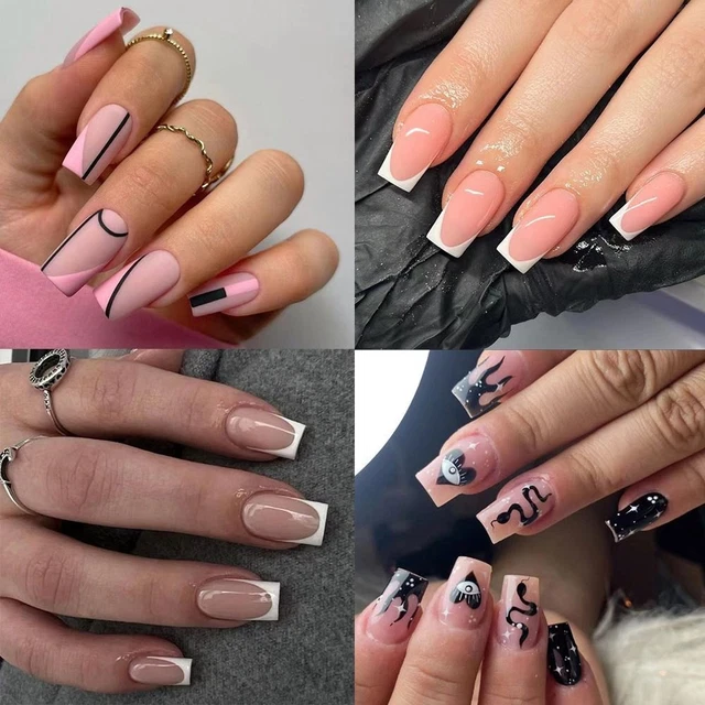 TIPS DIY FAKE Nials Press on Nails Long Square White Edge False Nails ...