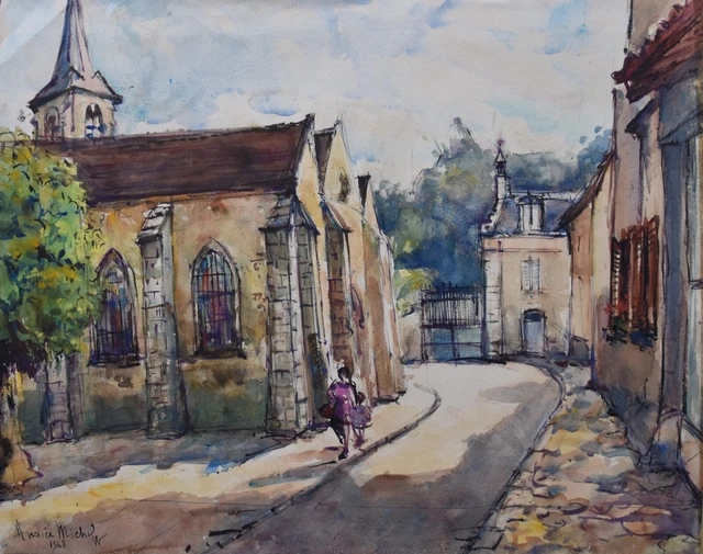 ANDRÉE MICHEL (1908-1975) - aquarelle (09) - église (vallée de ...
