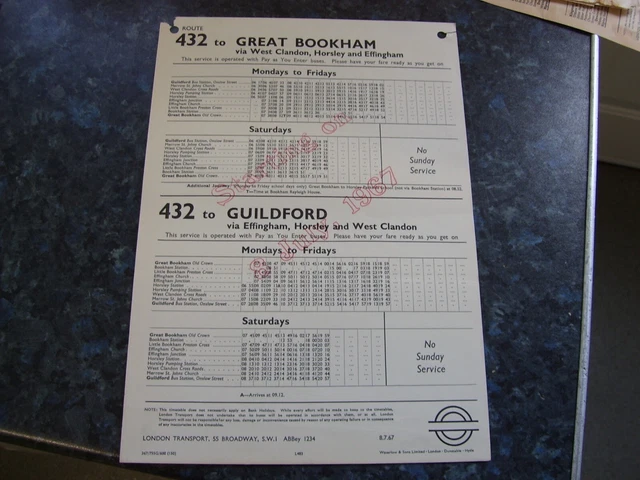LONDON TRANSPORT BUS Stop Panel Timetable-Route 432-July 1967-Used Con ...
