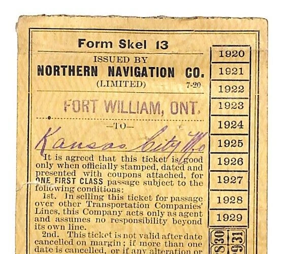 NORTHERN NAVIGATION CO. Railroad Ticket 1922 Fort William, ONT Scarce £ ...