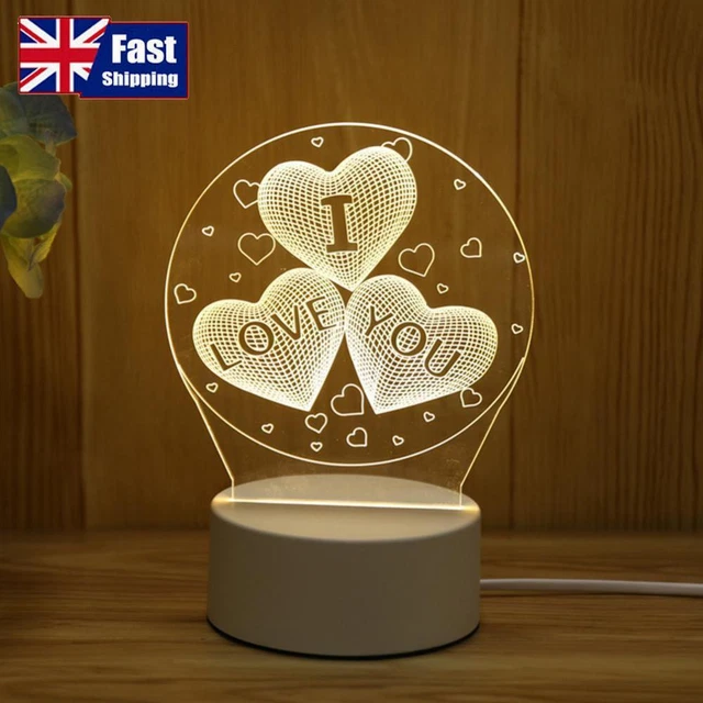 UK USB 3D Romantic Love LED Bedside Night Light Acrylic Desktop Table ...