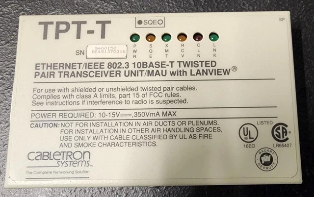 CABLETRON TPT-T ETHERNET Adapter Twisted Pair Transceiver with Lanview ...