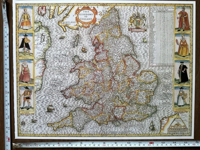OLD ANTIQUE TUDOR Poster Picture map of England: Speed 1600's 15" x 12 ...