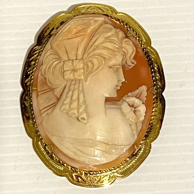 VINTAGE SHELL CAMEO Brooch Pin 9ct Gold Plated Italy Lustre Original ...
