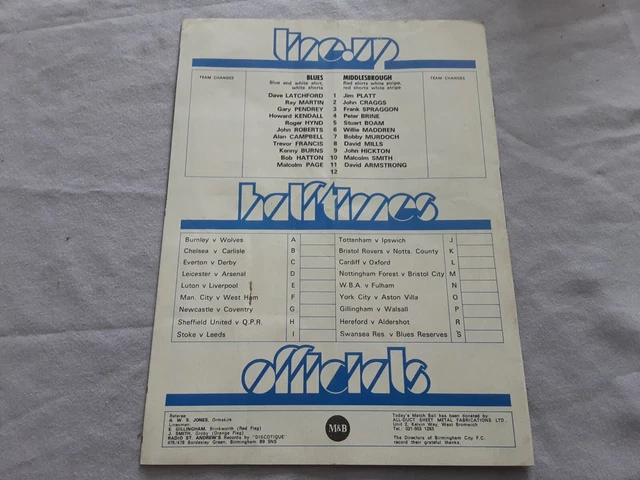 BIRMINGHAM CITY V Middlesbrough - 1974 (25/5-60) £2.24 - PicClick UK