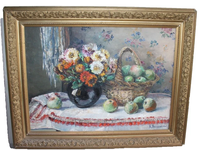 SUPERBE TABLEAU ANCIEN signé A.BOUQUET " Nature morte aux fleurs et fruits " EUR 270,00 ...