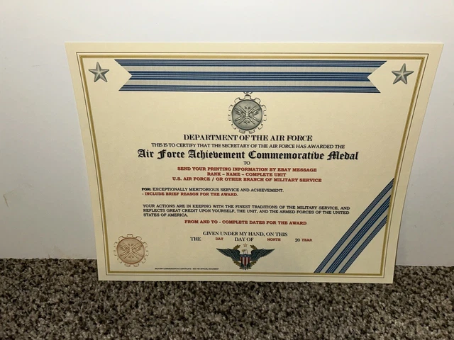 U.S. AIR FORCE Achievement Commemorative Medal Certificate ~ W/Printing ...