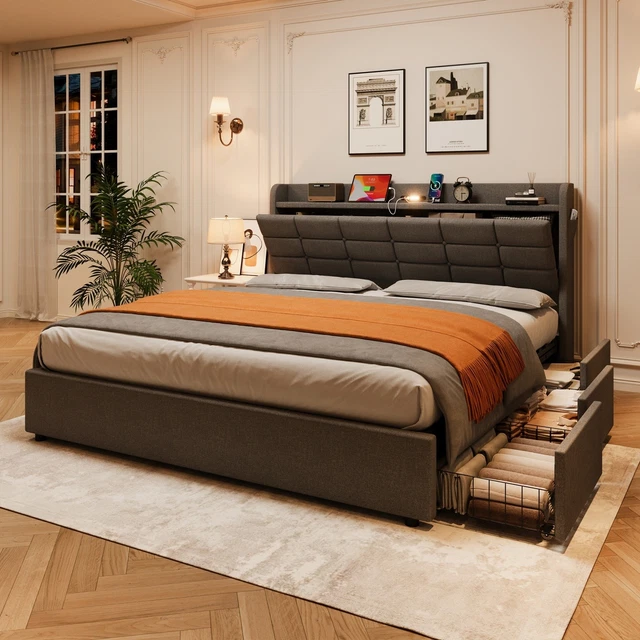 5FT KING UPHOLSTERED Ottoman Storage Bed Frame with Headboard Storage ...