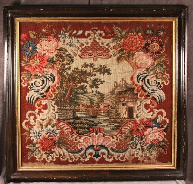 LARGE ANTIQUE Needlepoint Tapestry Village Scene Hand Made Original ...