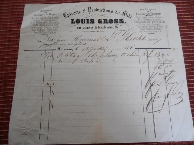 FACTURE ANCIENNE STRASBOURG épicerie DEP 67 LOUIS GROSS 1854 ( ref 75 ...