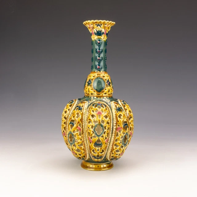 ANTIQUE ZSOLNAY PECS Porcelain - Flower & Gilt Decorated Pierced Vase £ ...