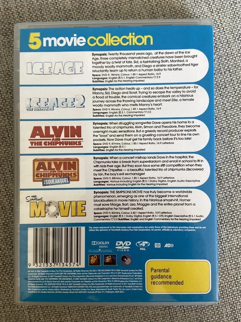5 MOVIE (DVD) Collection - Alvin + Ice Age + Simpsons - VGC - REGION 4 ...