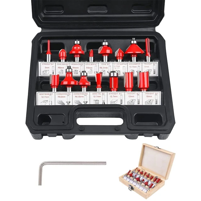 FLINTRONIC ROUTER BIT Set, 15PCS 6.35mm Diameter, #1 Red-15pcs-1/4'' £ ...