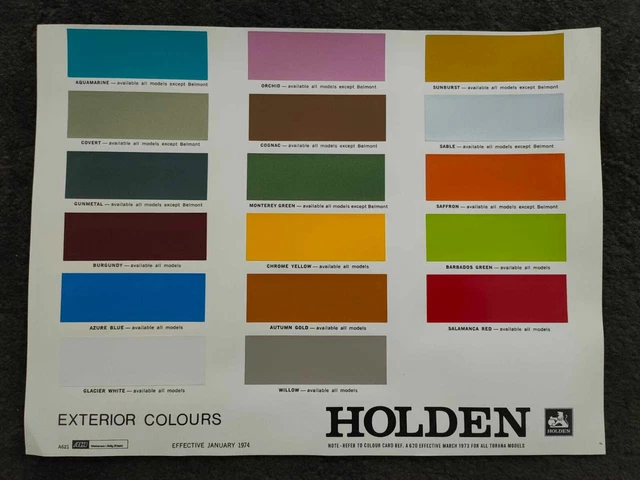 JANUARY 1974 HOLDEN HQ Kingswood Monaro Premier - Colour card chart $40 ...
