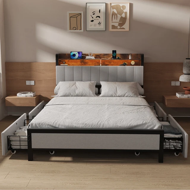 LED DOUBLE BED Frame with Storage Headboard &Drawers USB Ports Charging ...