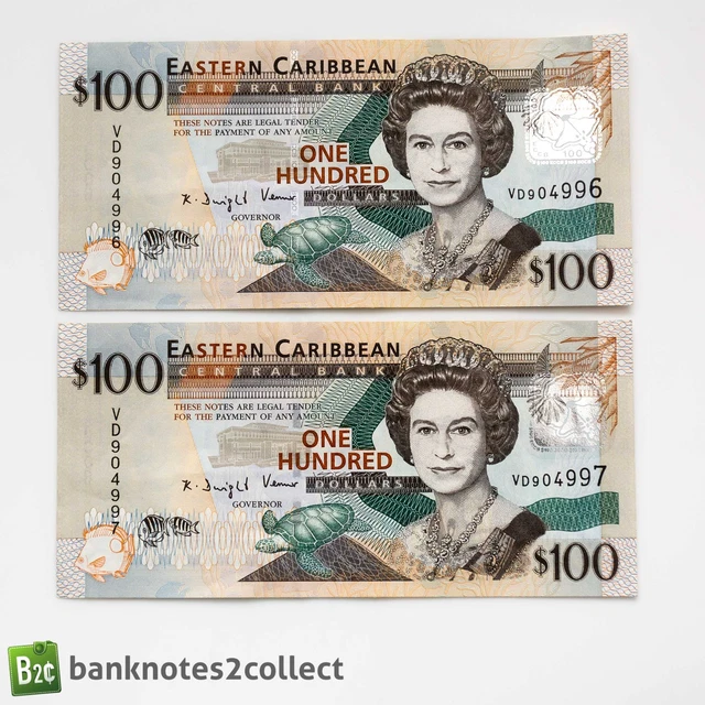 EAST CARIBBEAN: 2 x 100 East Caribbean Dollar Banknotes - Consecutive ...
