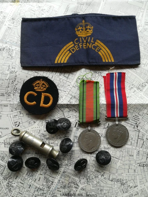 WW2 BRITISH CIVIL Defence Arm Band, Medals, Whistle, Chest Patch And ...
