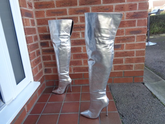 SXXY SILVER PU LEATHER BACK ZIP THIGH HIGH BOOTS * 5 uk * CLUBBING ...