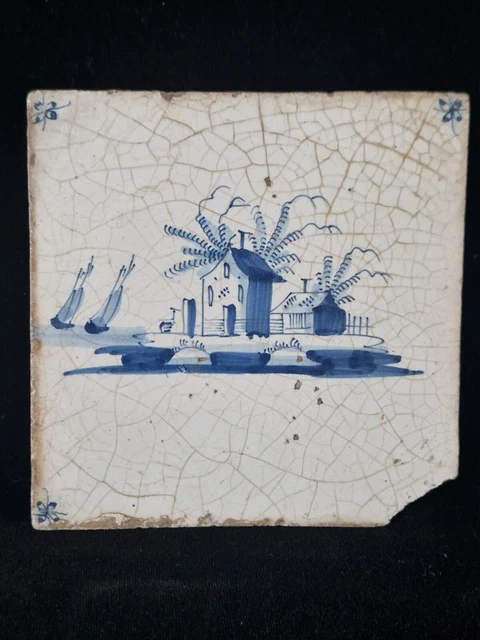 RARE ANTIQUE 17TH C Delft Tile "Fine Dutch Landscape" Corner Motif ...