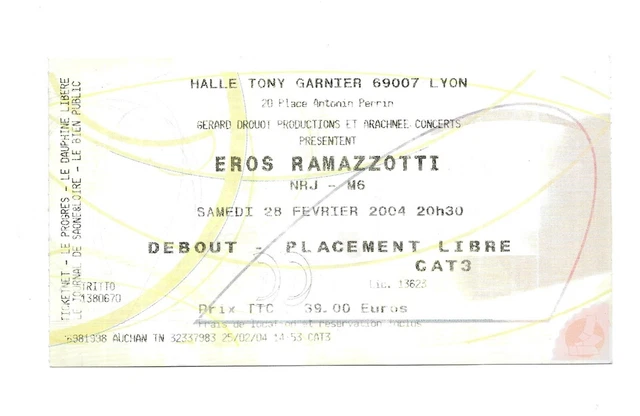 RARE / TICKET Billet Concert - Eros Ramazzotti : Live Lyon ( France ...
