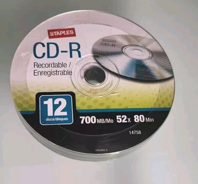 STAPLES CD-R RECORDABLE Discs 700MB 80min 52x Media Pack of 12 $6.79 ...