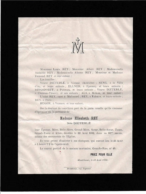 FAIRE-PART DE DÉCÈS 1892 Mme ELISABETH REY Née DIETERLÉ MONTÉLIMAR EUR ...